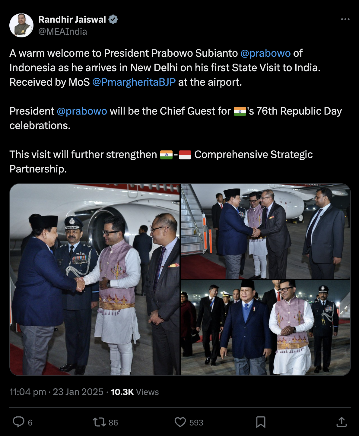 Indonesian President Prabowo Subianto Arrives in India for Republic Day ...
